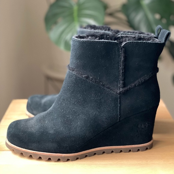 UGG | Shoes | Ugg Wedge Booties In Black Suede Shearling Lined Interior ...